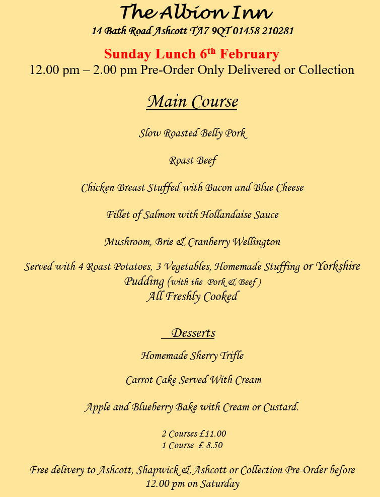 Albion Inn, Tel: 01458210281 - Ashcott Village Online